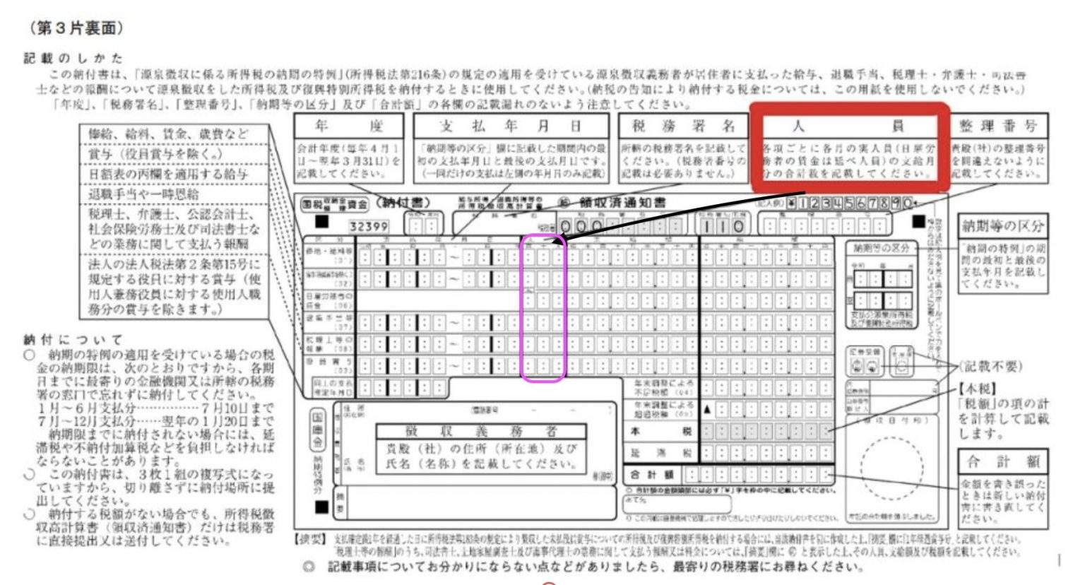 納期の特例の「給与所得・退職所得等の所得税徴収高計算書」人数欄~延べ人数を記載 内西会計事務所